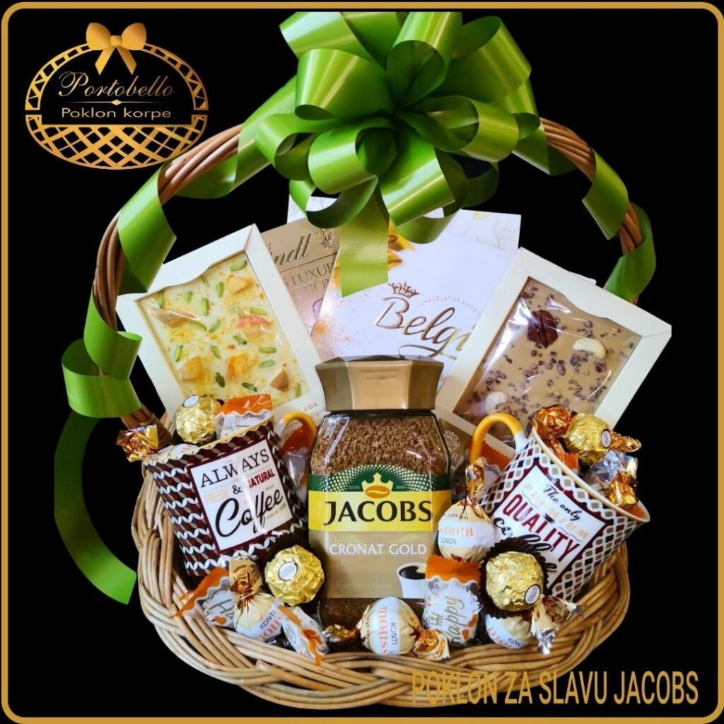 Poklon za slavu Fiori – vino, čokolada i kafa u elegantnoj korpi